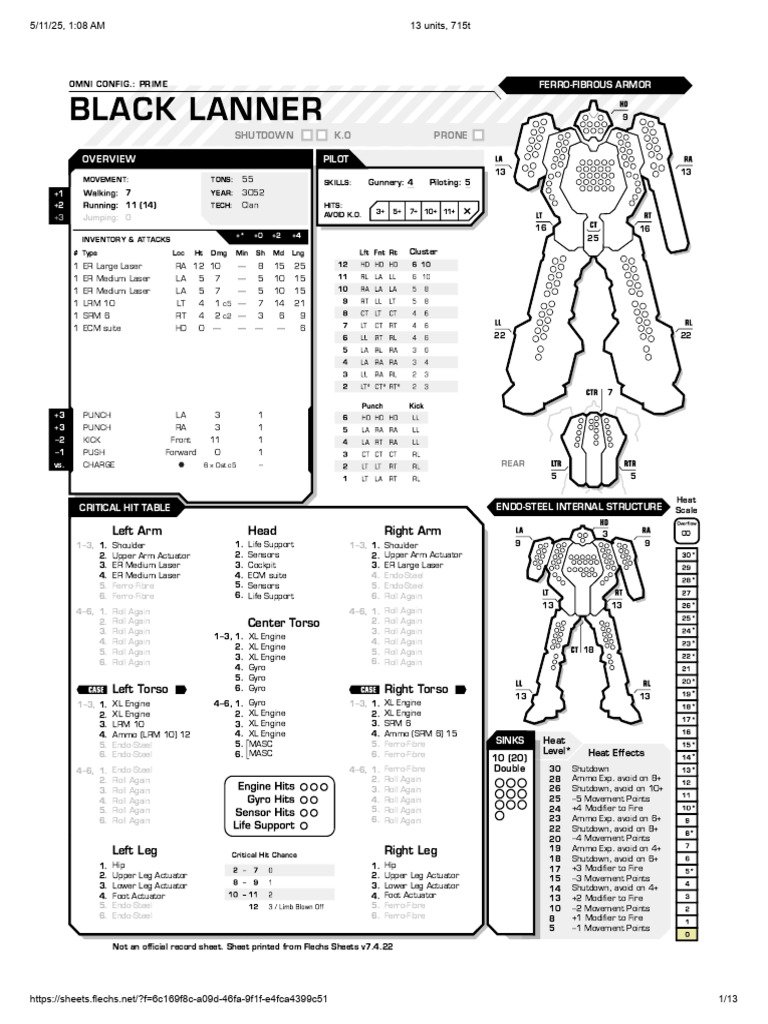 BattleTech Record Sheets (Flechs) : Black Lanner | PDF | Human Anatomy | Primate Anatomy