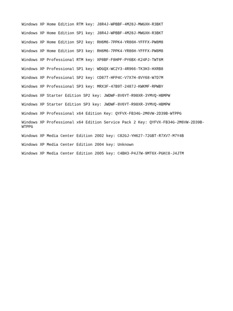Windows XP Product Keys List | PDF