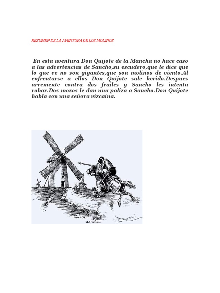 Resumen de La Aventura de Los Molinos | PDF | Don Quijote Personajes ...