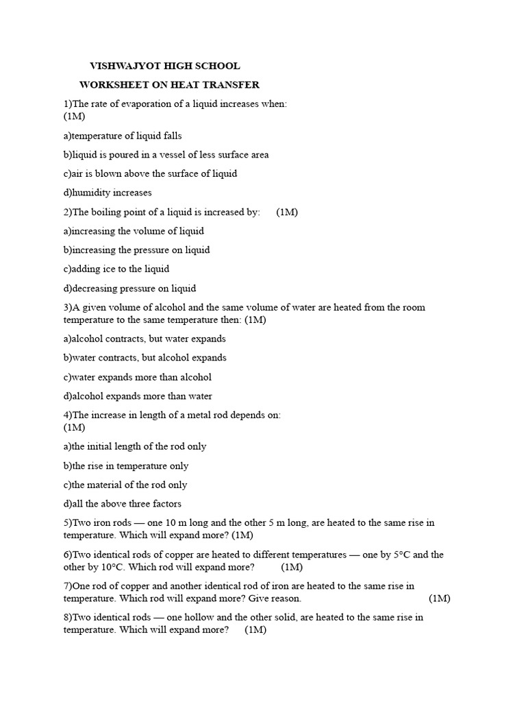 Worksheet On Heat Transfer | PDF