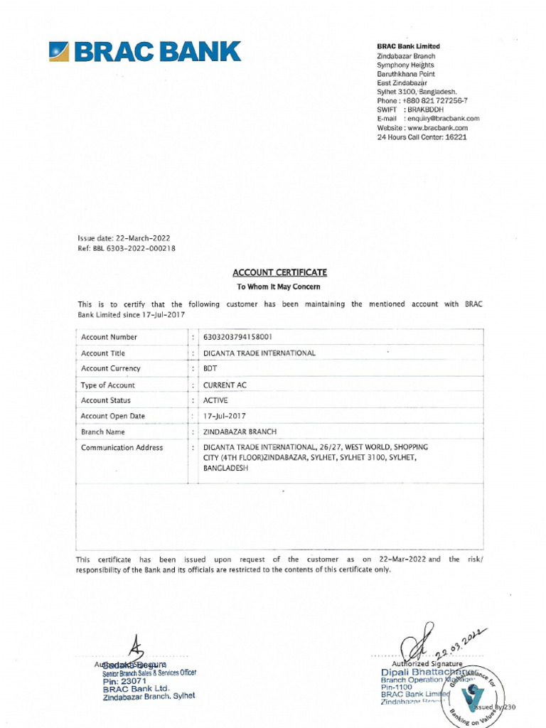 Brac Bank Account Certificate On 22-3-22 | PDF