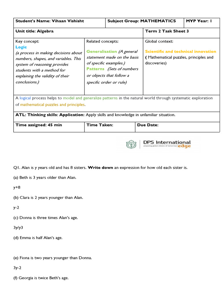 MYP 1 Term 2 Practice Tasksheet | PDF | Numbers | Mathematics