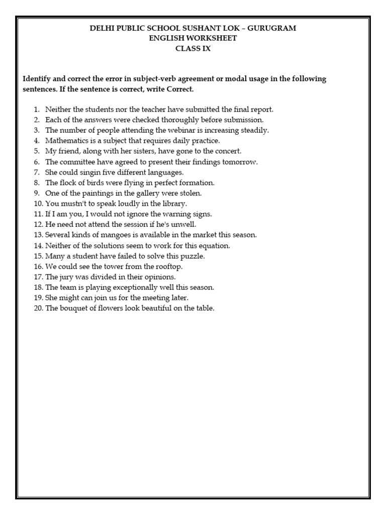 Subject Verb Agreement and Modals Assignment | PDF