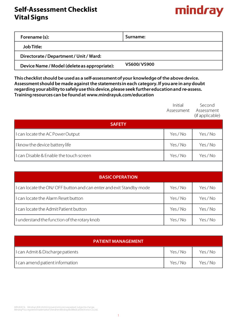 Vital Signs Self Assessment Checklist | PDF