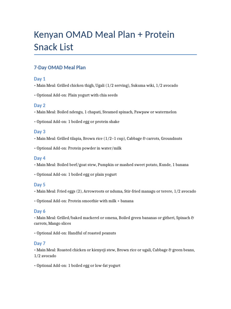 Kenyan OMAD Meal Plan and Protein Snacks | PDF