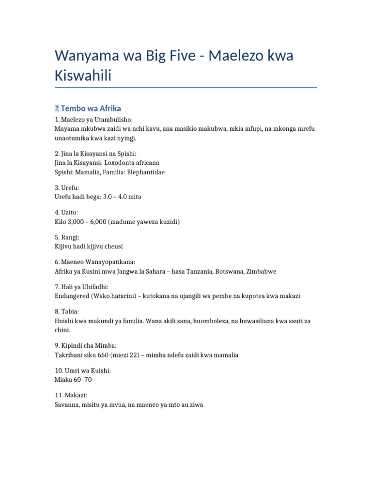 Big Five Wanyama Kiswahili | PDF