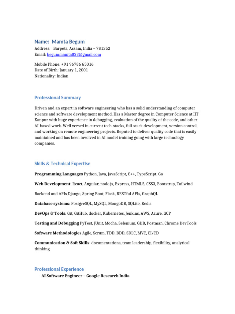 Mamta Begum AI Software Engineer Resume India | PDF | Computer Programming | Artificial Intelligence