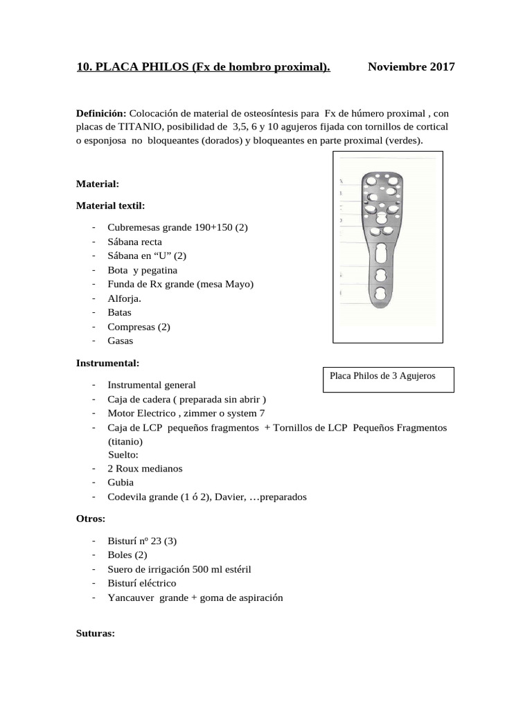 Técnica Quirúrgica Placa Philos: Conceptos | PDF | Tornillo | Metalurgia