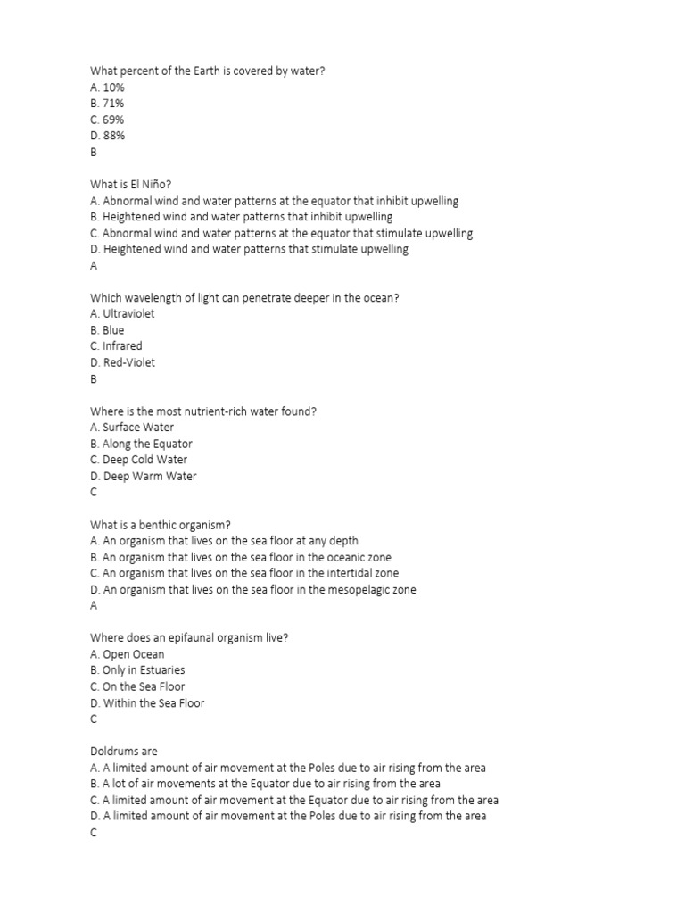 Marine Biology Test Questions | PDF | Sea | Oceans