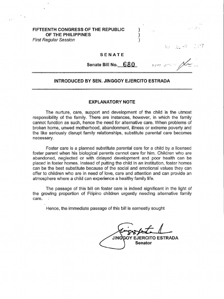 Senate Bill 680 Fifteenth Congress | PDF | Foster Care | Children's Rights