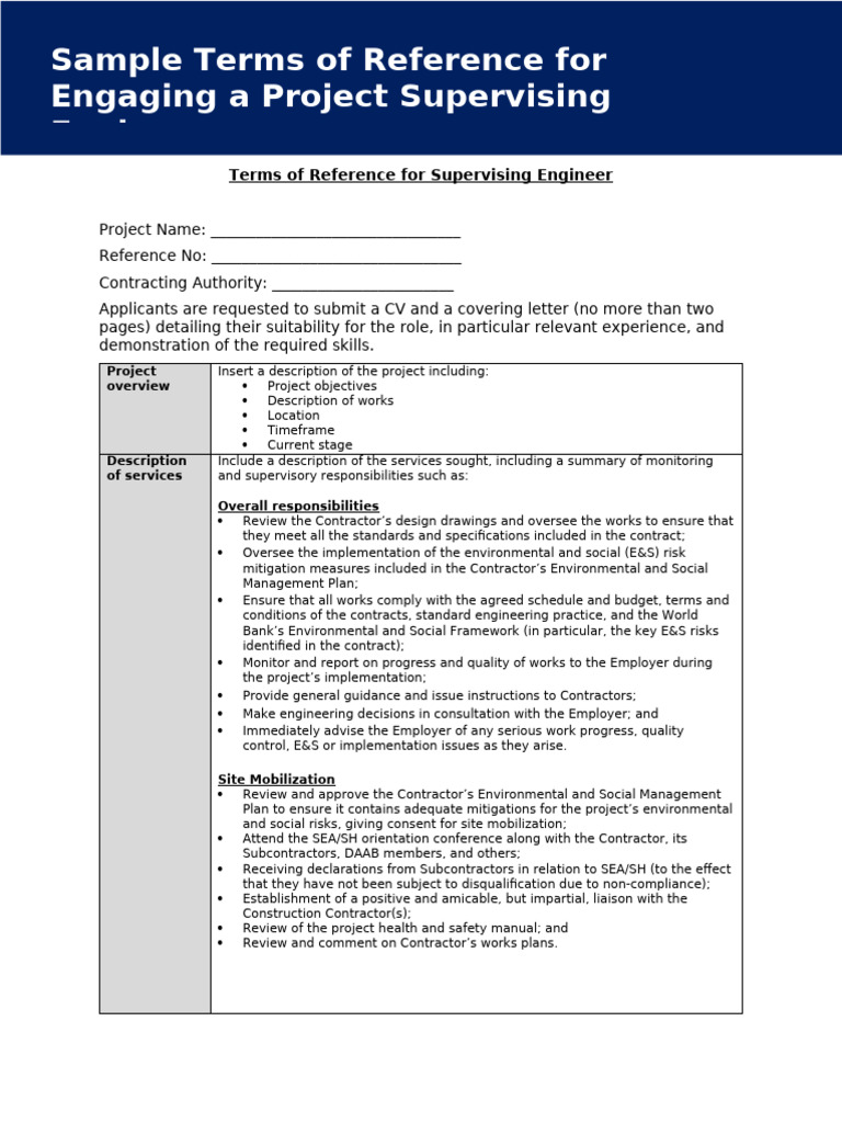 Terms of Reference for Supervising Engineer | PDF | Employment ...