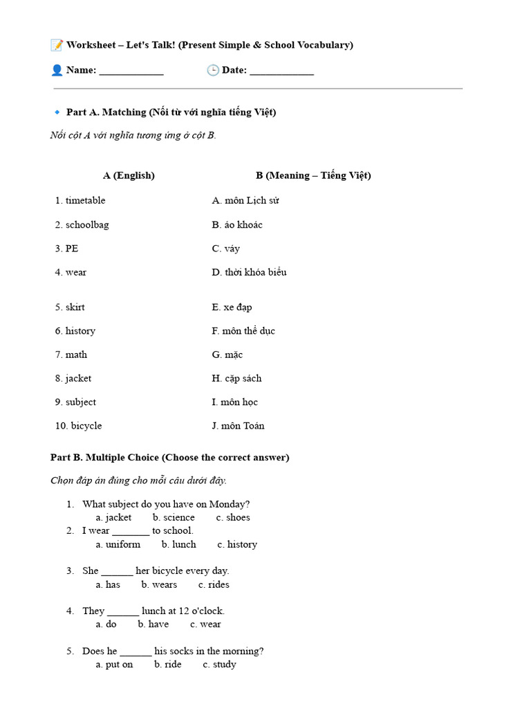 School Vocabulary and Present Simple Worksheet | PDF