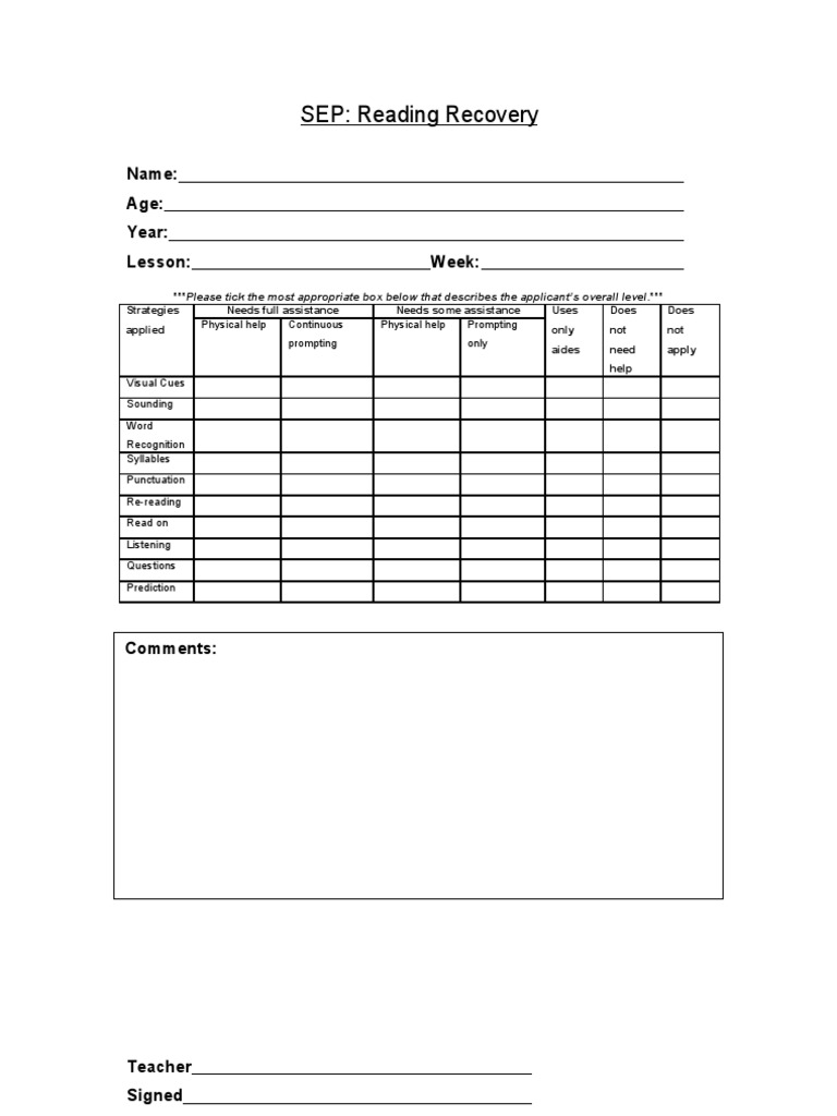 Reading Recovery Assessment Form | PDF