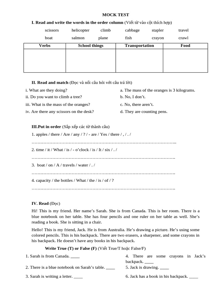English Language Mock Test for Kids | PDF