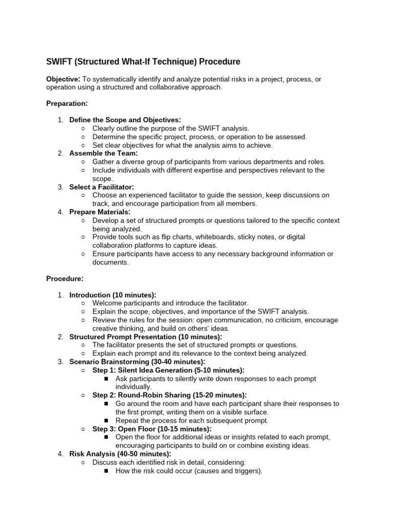 SWIFT Risk Analysis Procedure Guide | PDF | Risk | Brainstorming