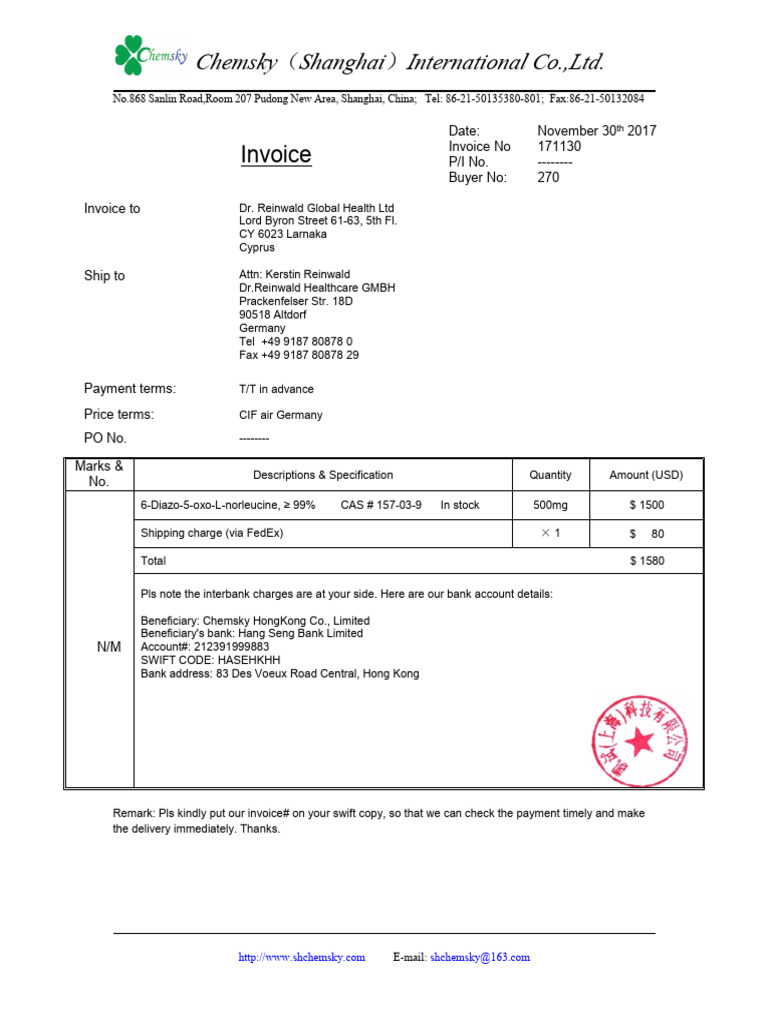 Chemsky Invoice for Dr. Reinwald | PDF