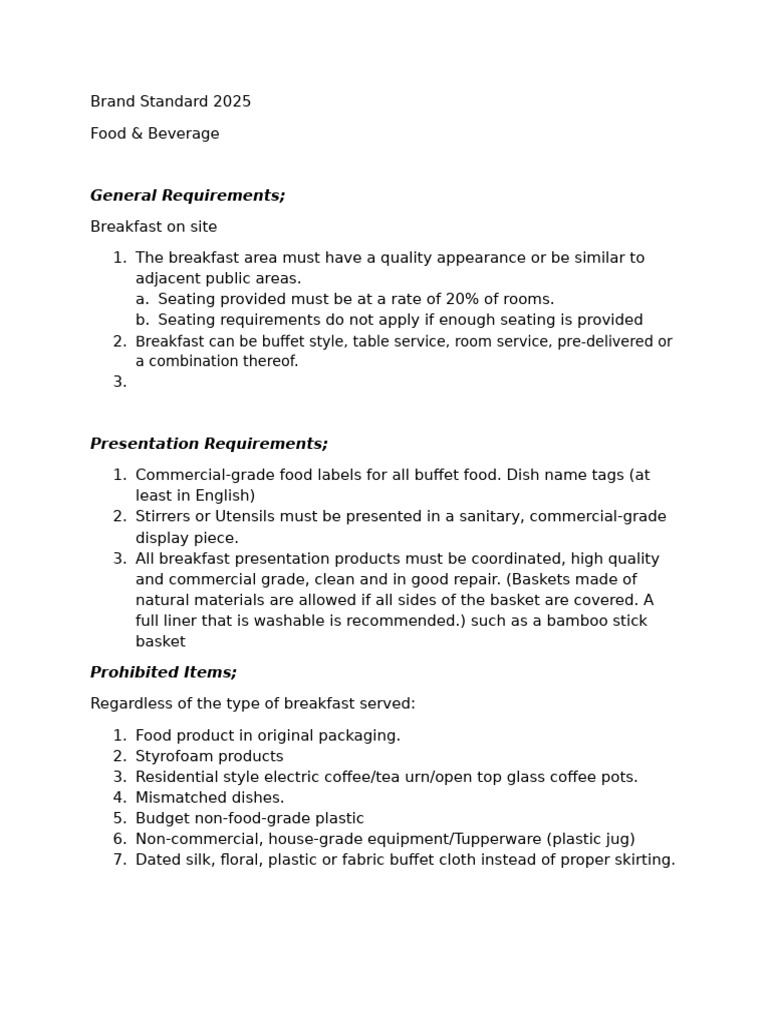 2025 Breakfast Standards for Hotels | PDF