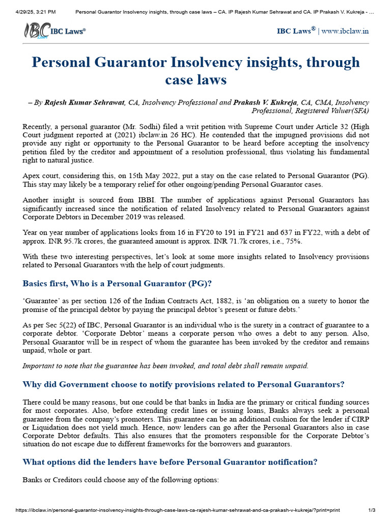 Personal Guarantor Insolvency Insights, Through Case Laws - CA. IP ...