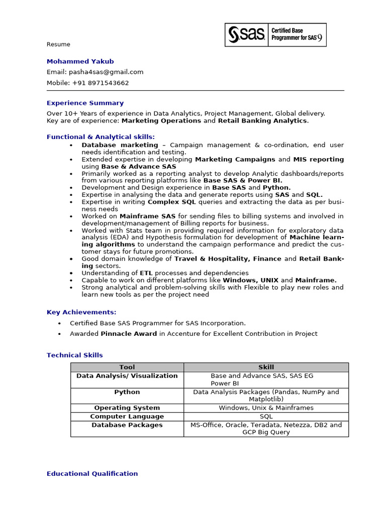 Mohammed Yakub Pasha SAS SQL UNIX CV | PDF | Sas (Software) | Data Analysis