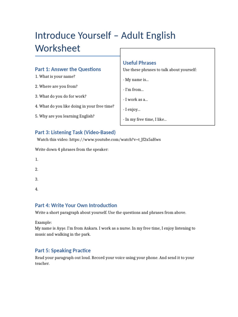 Adult Self-Introduction Worksheet | PDF