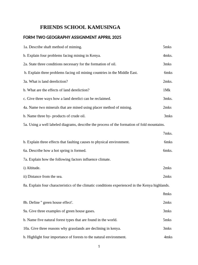Geo Form 2 Assignment 2025 | PDF | Natural Environment | Earth Sciences