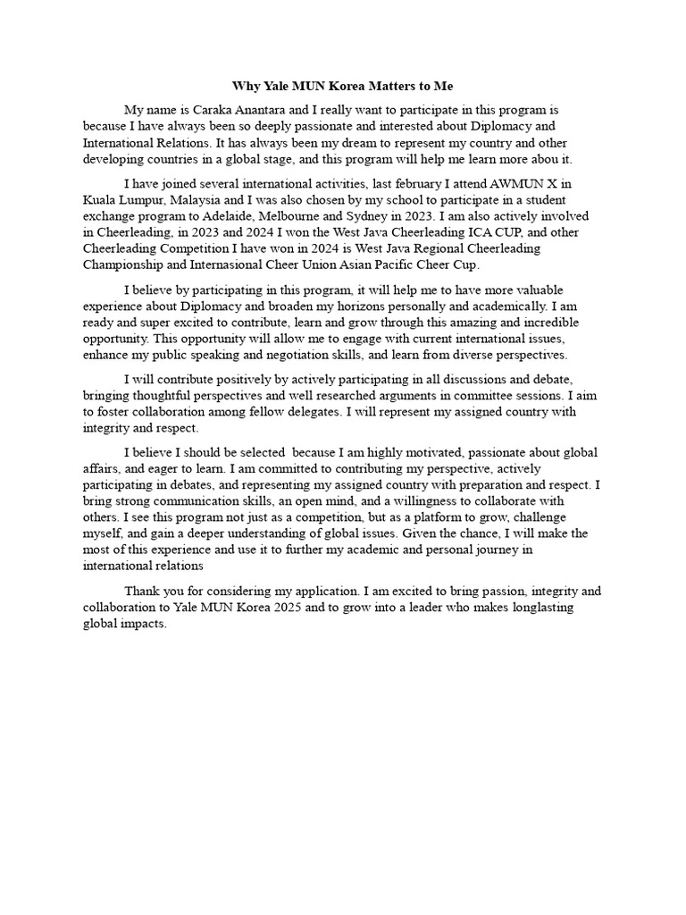 Caraka Anantara Motivation Letter Yale MUN 2 | PDF