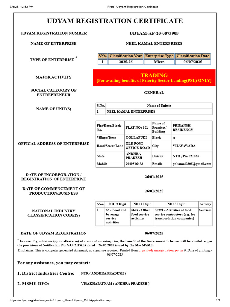 Print - Udyam Registration Certificate | PDF