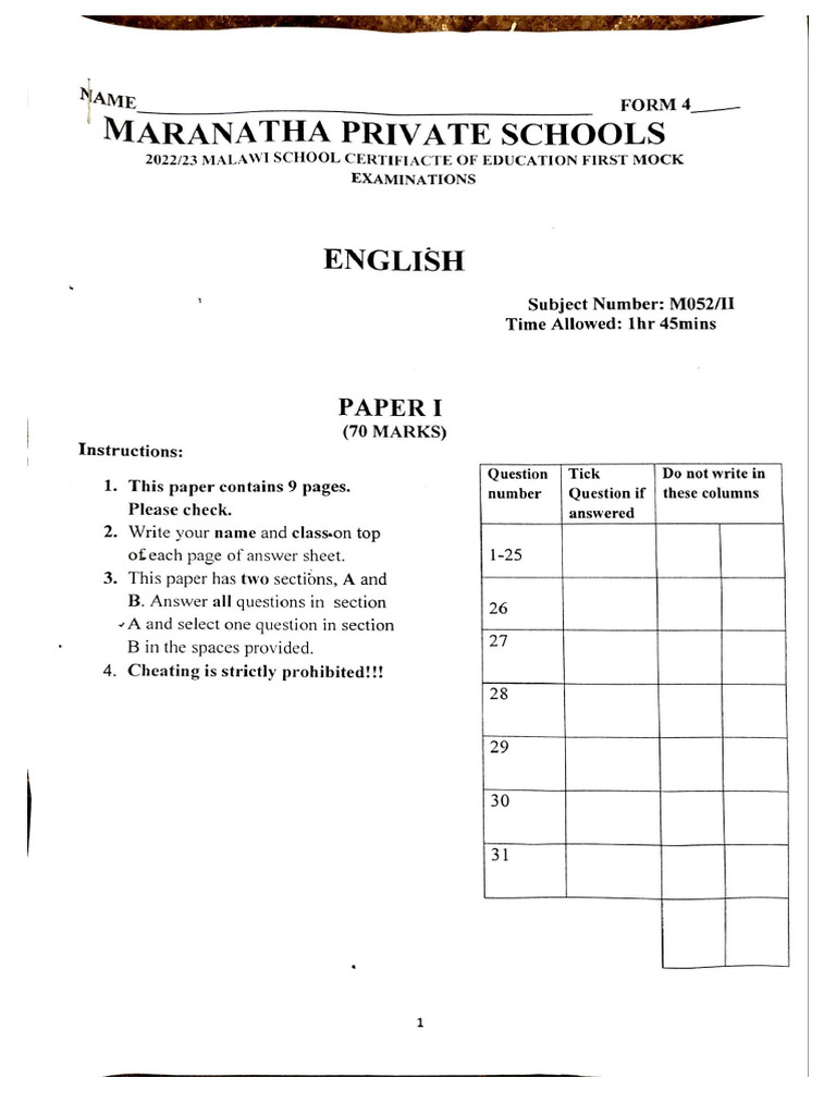 English Paper 1 First Mock-1 | PDF