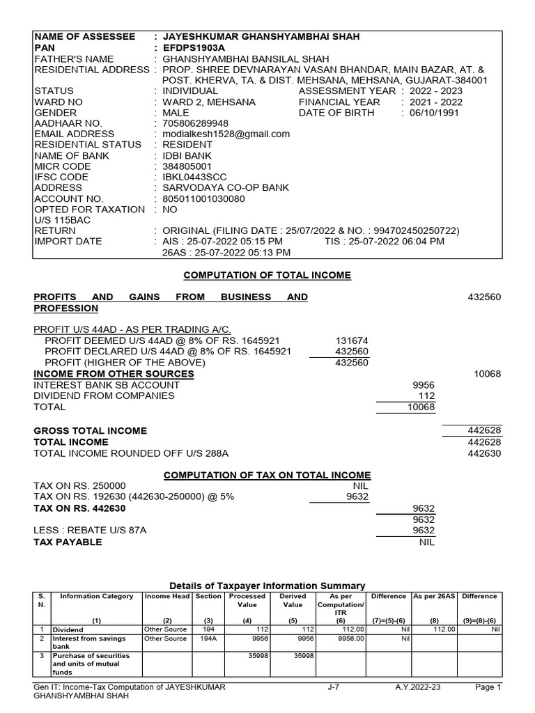 Income Tax Computation for JAYESHKUMAR | PDF | Taxes | Income Tax