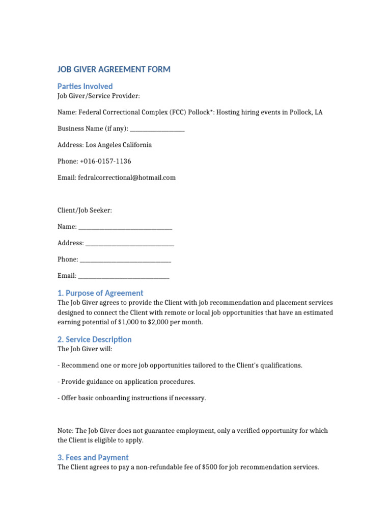 Job Giver Agreement Form | PDF | Payments | Gift Card