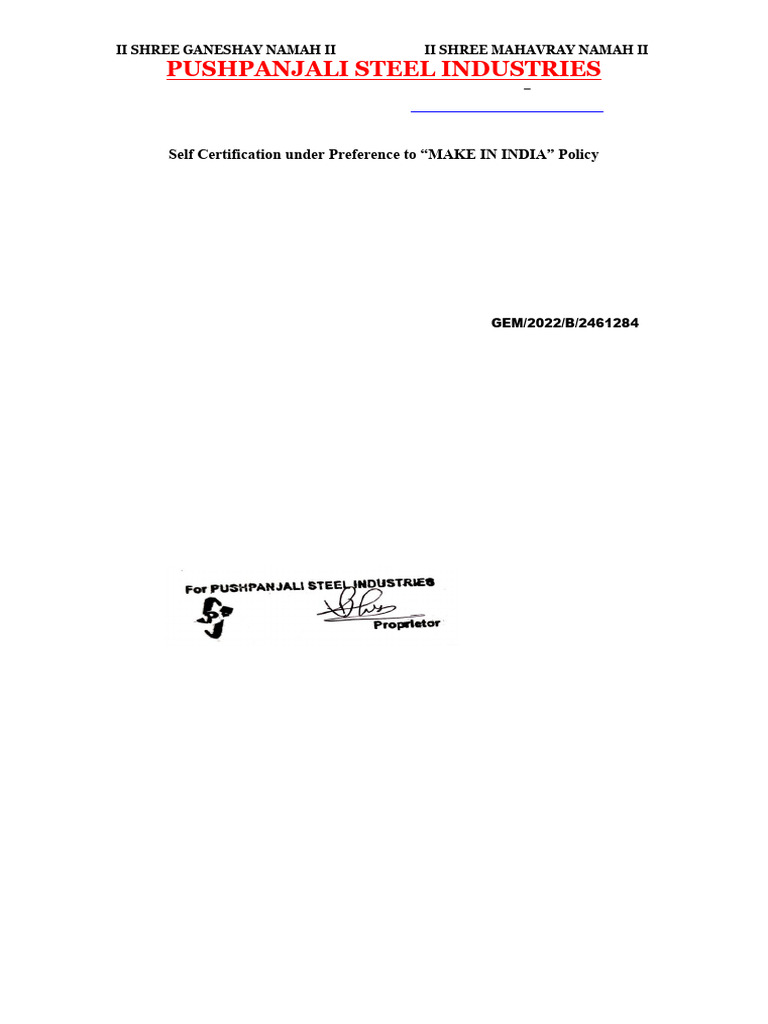 Self Certification for Make in India Compliance | PDF