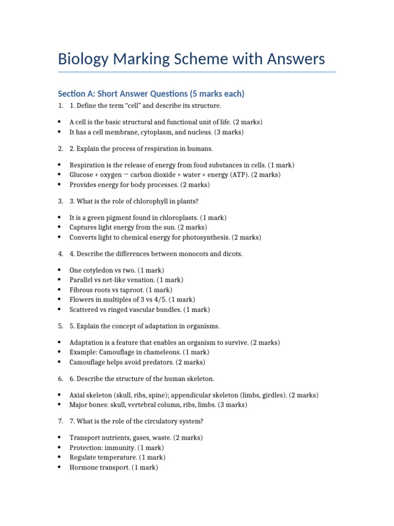 Biology Marking Scheme With Answers | PDF | Stoma | Leaf
