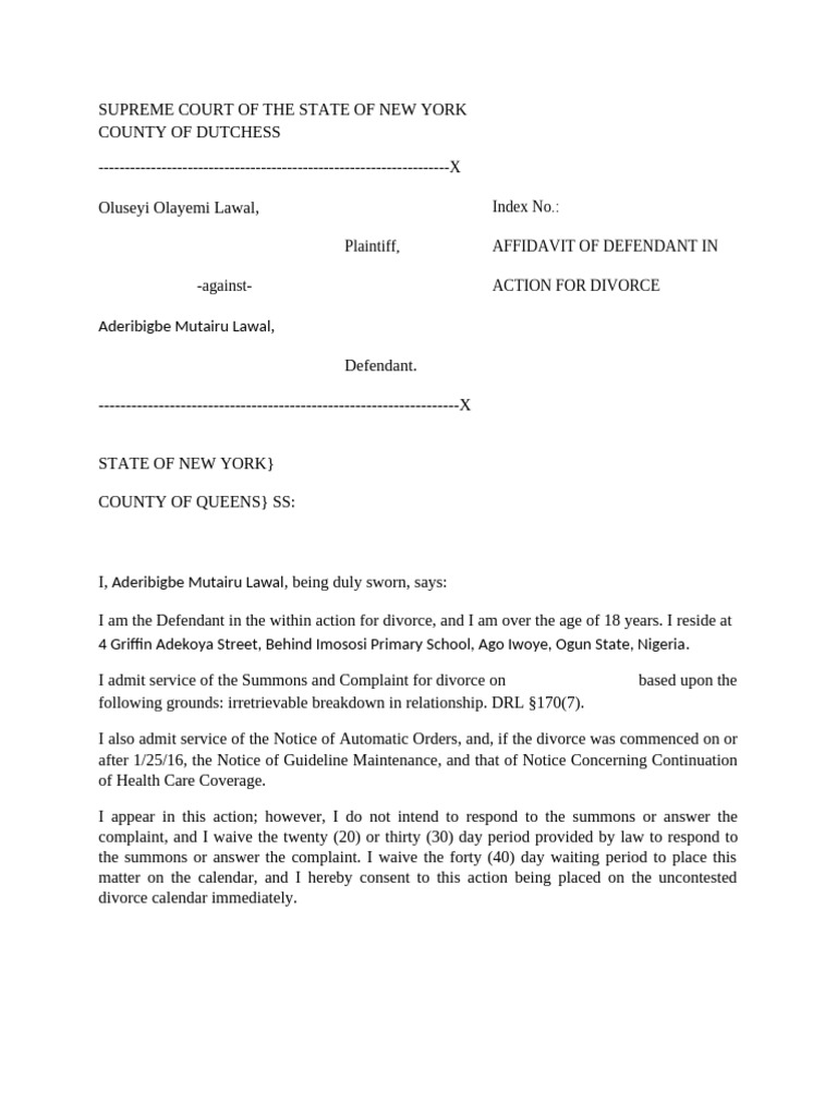 Affidavit of Defendant .Doc | PDF | Child Support | Divorce