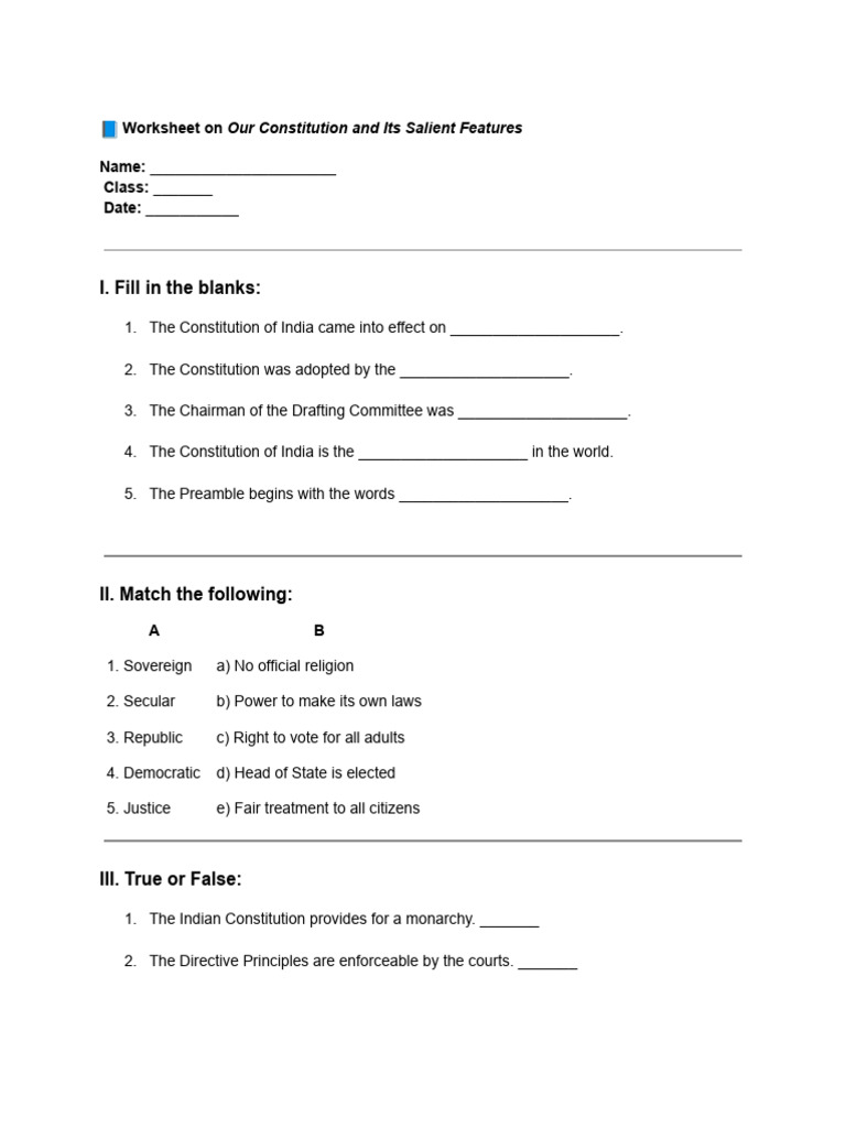 Constitution of India Worksheet | PDF