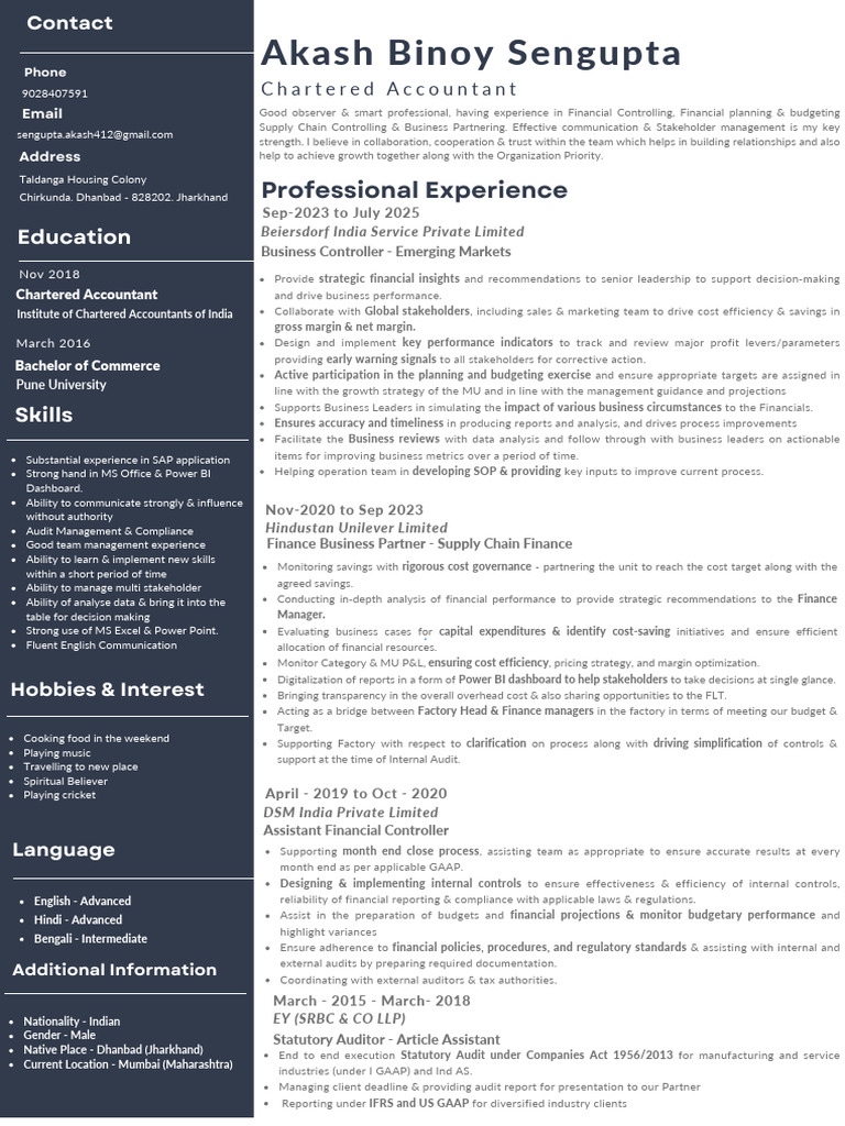 CA Akash Binoy Sengupta - Resume | PDF | Audit | Performance Indicator