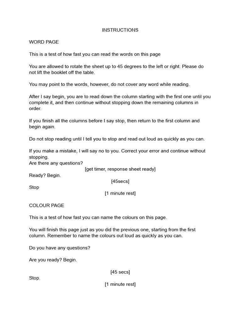 Stroop Test Instructions | PDF