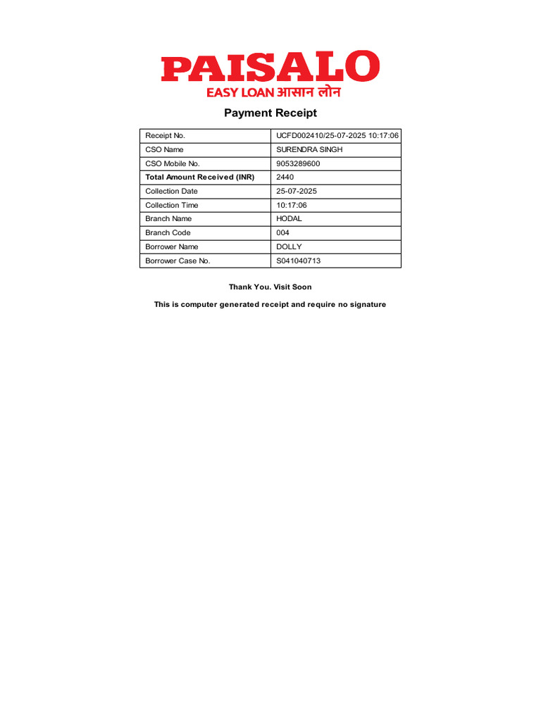 Payment Receipt: Total Amount Received (INR) | PDF