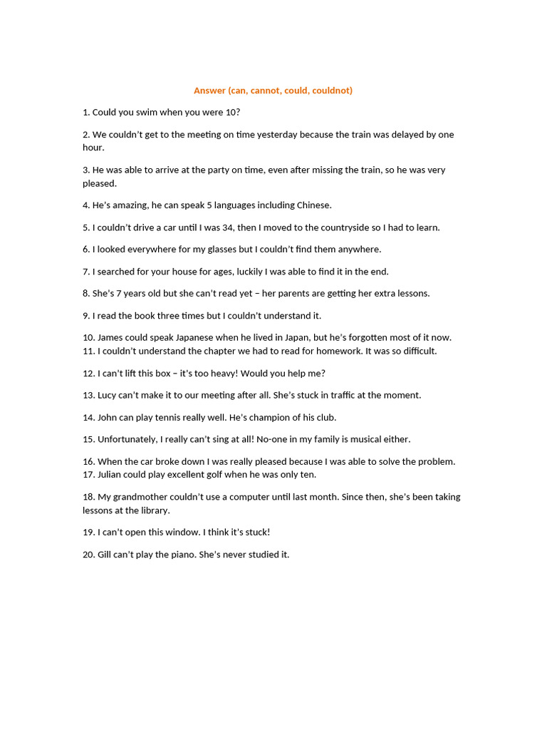 Modals of Ability Exercise 1 (Ans) | PDF