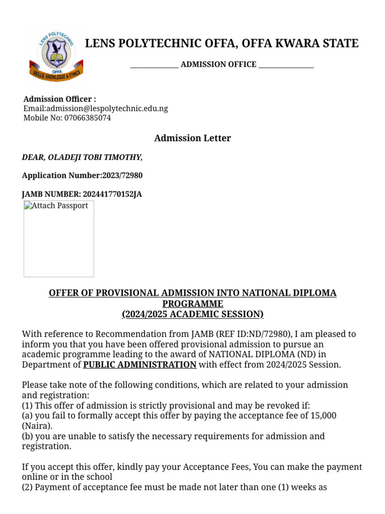 Provisional Admission Offer - ND Public Administration | PDF