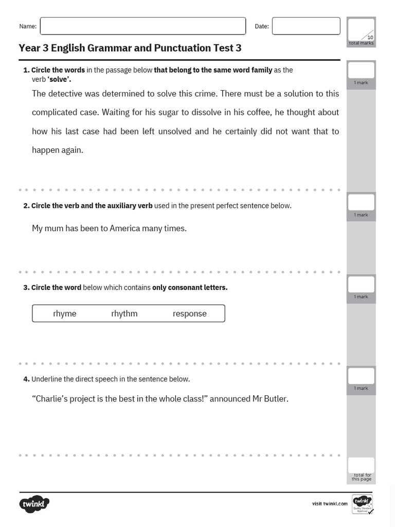Year 3 Grammar and Punctuation Test | PDF | English Grammar | English ...