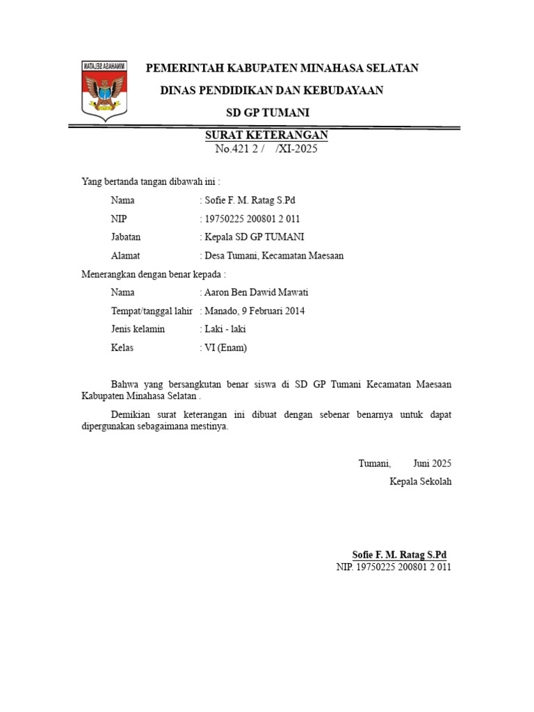 Surat Keterangan Siswa SD GP Tumani | PDF