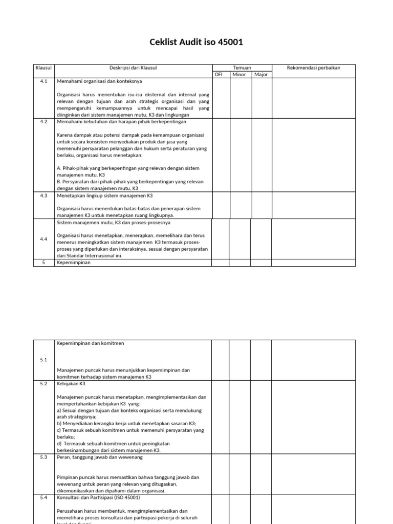 Ceklist Audit ISO 45001 | PDF