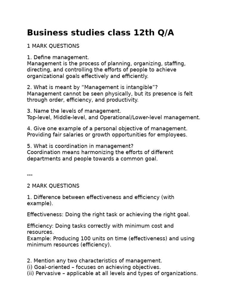 Business Studies Class 12 Management Q&A | PDF | Goal | Employment