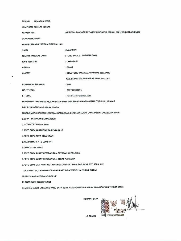 Surat Lamaran La Armin Juru Minyak | PDF