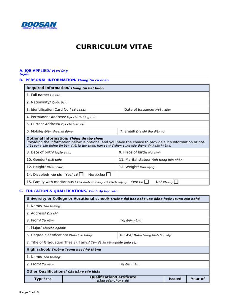 Doosan VINA CV Form | PDF