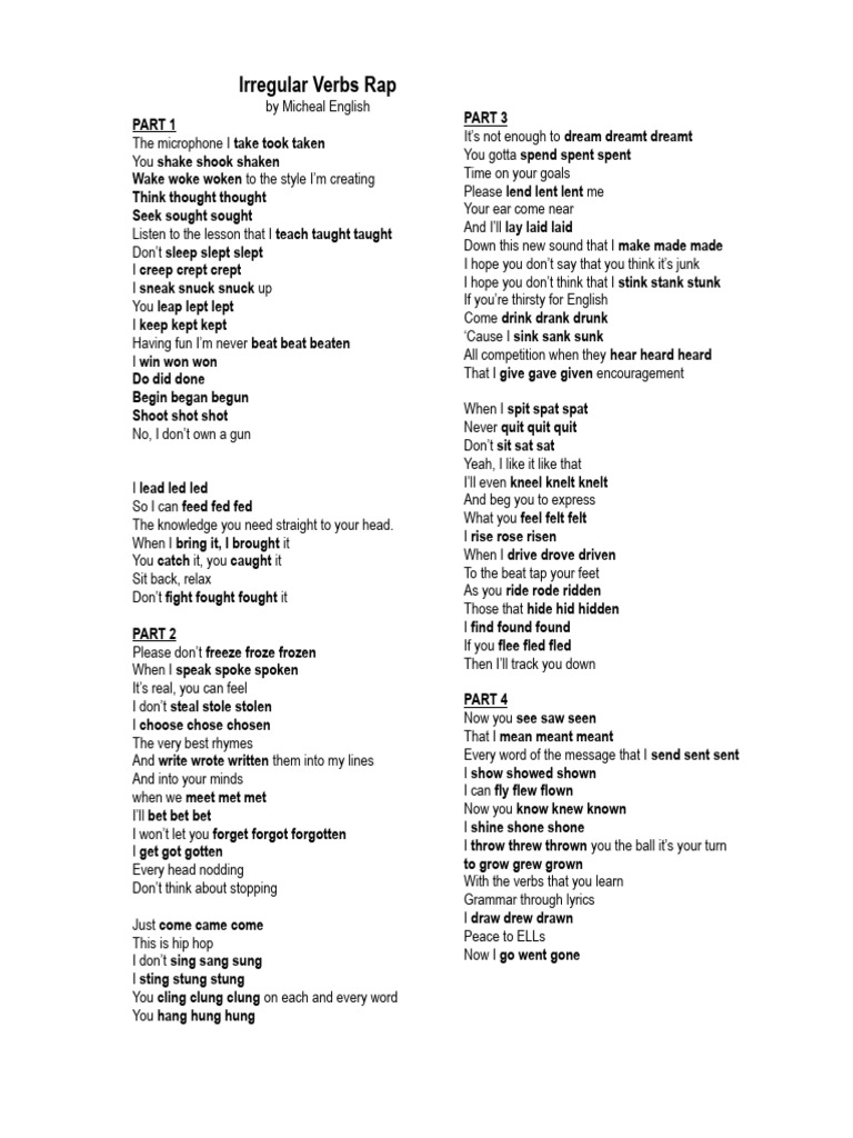 Irregular Verbs Rap Lyrics | PDF