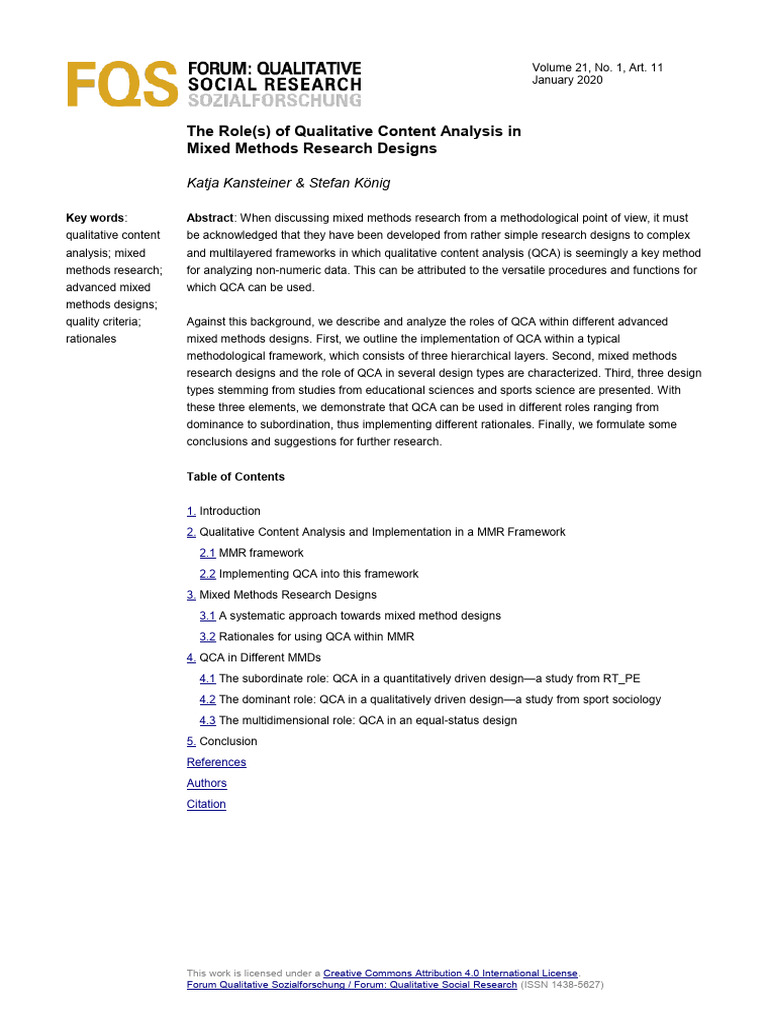 The Role(s) of Qualitative Content Analysis in Mixed Methods Research Designs | PDF ...