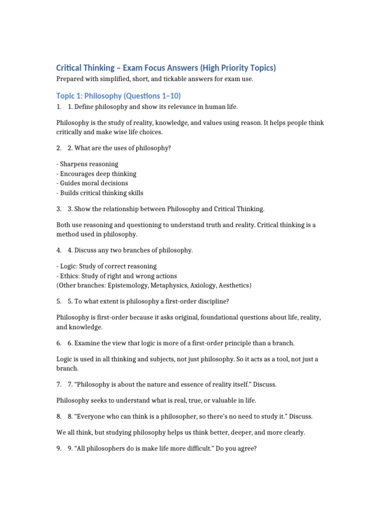 Critical Thinking Answers High Priority | PDF | Critical Thinking | Thought