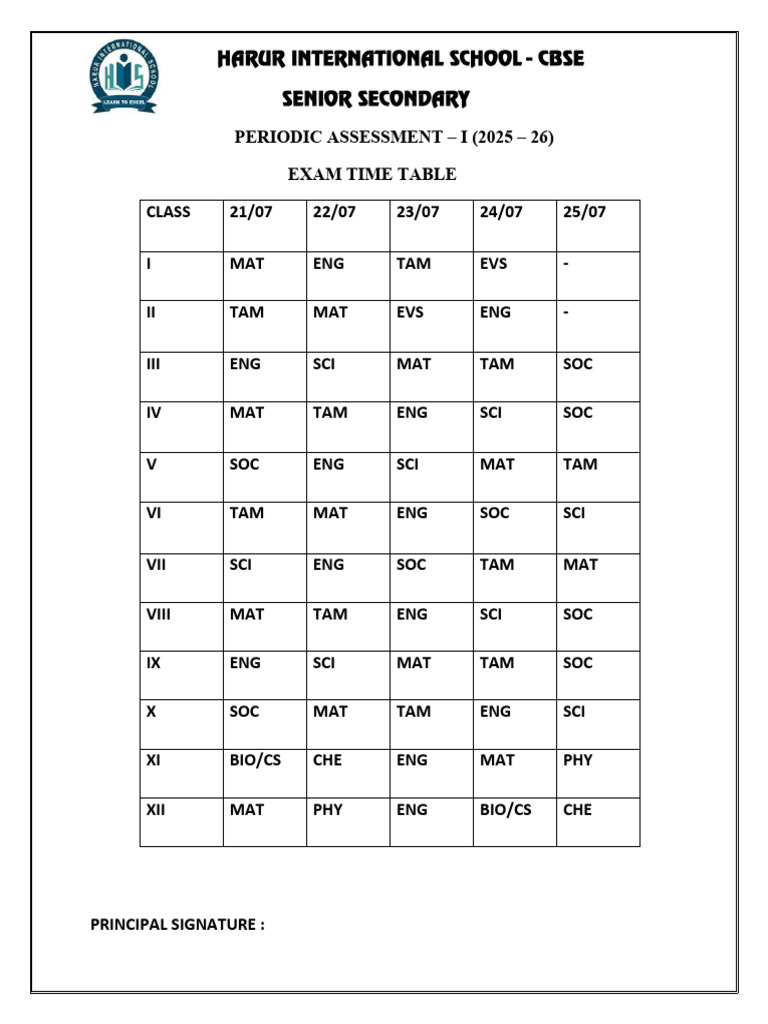 Periodic Assessment -1 Time Table | PDF