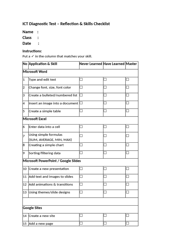 ICT Skills Diagnostic Test Checklist | PDF